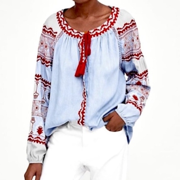 Zara | Tops | Zara Trf Collection Boho Embroidered Top Tie S | Poshmark